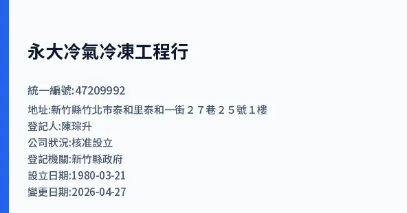 永大冷氣冷凍工程行的照片-統編 47209992(新竹縣) 公司登記資料與營業項目詳細圖表