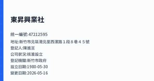 東昇興業社的照片-統編 47212595(新竹市) 公司登記資料與營業項目詳細圖表