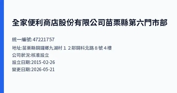 全家便利商店股份有限公司苗栗縣第六門市部的照片-統編 47221757(苗栗縣) 公司登記資料與營業項目詳細圖表