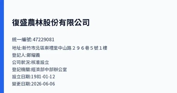 復盛農林股份有限公司的照片-統編 47229081(新竹市) 公司登記資料與營業項目詳細圖表