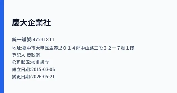 慶大企業社的照片-統編 47231811(臺中市) 公司登記資料與營業項目詳細圖表
