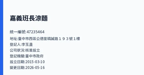 嘉義班長涼麵的照片-統編 47235464(臺中市) 公司登記資料與營業項目詳細圖表