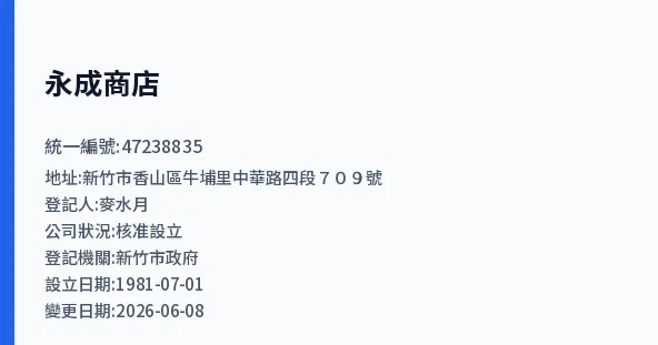 永成商店的照片-統編 47238835(新竹市) 公司登記資料與營業項目詳細圖表