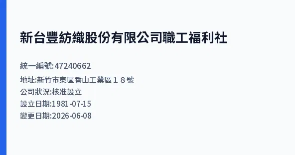 新台豐紡織股份有限公司職工福利社的照片-統編 47240662(新竹市) 公司登記資料與營業項目詳細圖表