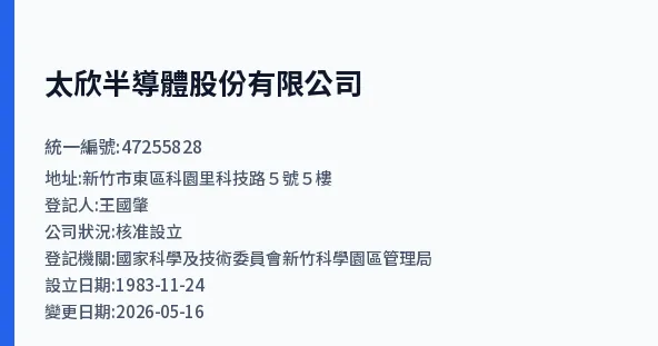 太欣半導體股份有限公司的照片-統編 47255828(新竹市) 公司登記資料與營業項目詳細圖表