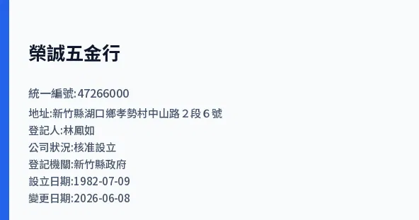 榮誠五金行的照片-統編 47266000(新竹縣) 公司登記資料與營業項目詳細圖表