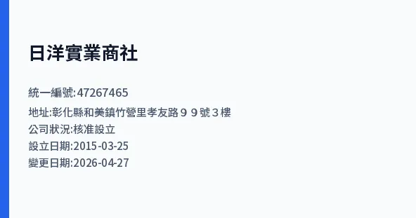 日洋實業商社的照片-統編 47267465(彰化縣) 公司登記資料與營業項目詳細圖表