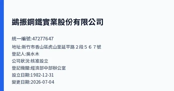 鷁振鋼鐵實業股份有限公司的照片-統編 47277647(新竹市) 公司登記資料與營業項目詳細圖表