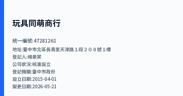 玩具同萌商行的照片-統編 47281261(臺中市) 公司登記資料與營業項目詳細圖表