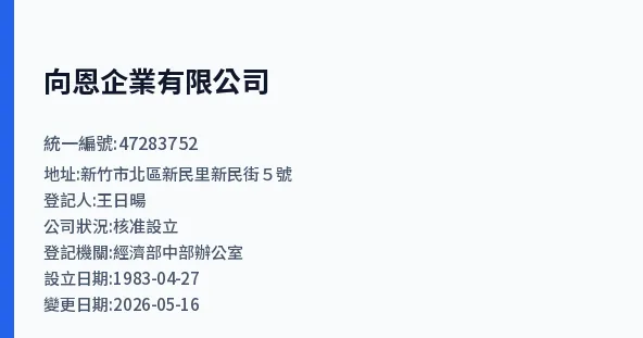 向恩企業有限公司的照片-統編 47283752(新竹市) 公司登記資料與營業項目詳細圖表
