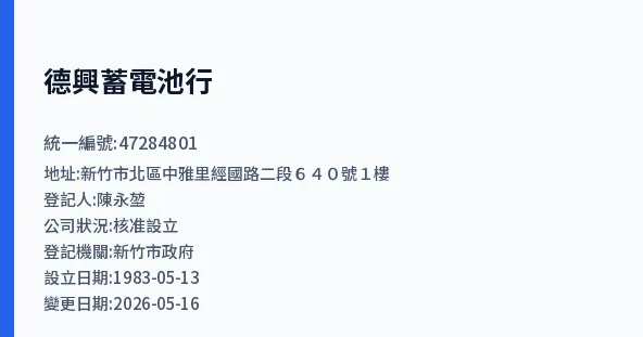德興蓄電池行的照片-統編 47284801(新竹市) 公司登記資料與營業項目詳細圖表