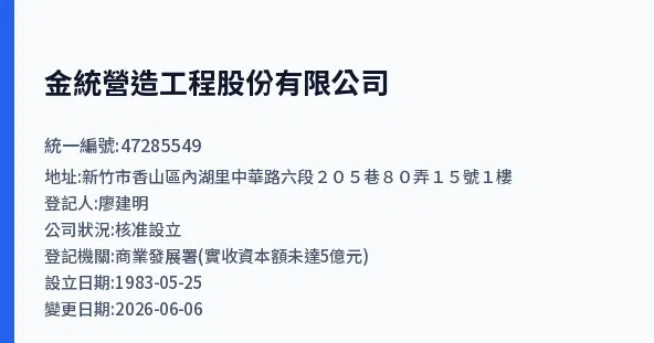 金統營造工程股份有限公司的照片-統編 47285549(新竹市) 公司登記資料與營業項目詳細圖表
