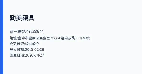 勤美寢具的照片-統編 47288644(臺中市) 公司登記資料與營業項目詳細圖表
