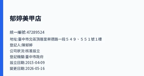 郁婷美甲店的照片-統編 47289524(臺中市) 公司登記資料與營業項目詳細圖表