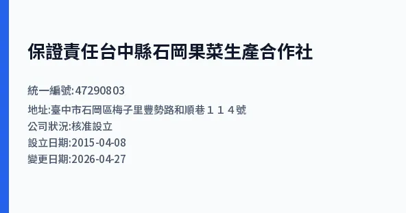 保證責任台中縣石岡果菜生產合作社的照片-統編 47290803(臺中市) 公司登記資料與營業項目詳細圖表