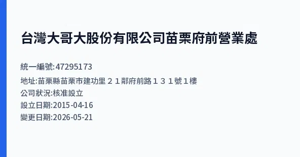台灣大哥大股份有限公司苗栗府前營業處的照片-統編 47295173(苗栗縣) 公司登記資料與營業項目詳細圖表