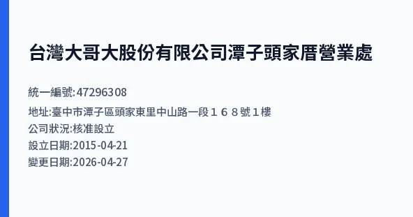 台灣大哥大股份有限公司潭子頭家厝營業處的照片-統編 47296308(臺中市) 公司登記資料與營業項目詳細圖表