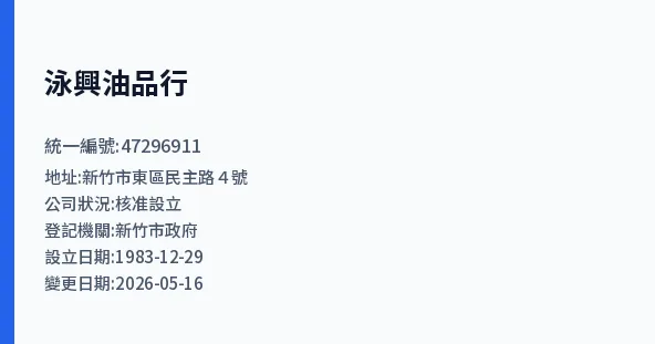 泳興油品行的照片-統編 47296911(新竹市) 公司登記資料與營業項目詳細圖表
