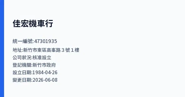 佳宏機車行的照片-統編 47301935(新竹市) 公司登記資料與營業項目詳細圖表