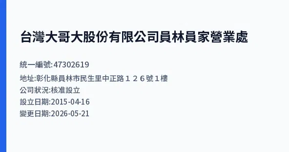 台灣大哥大股份有限公司員林員家營業處的照片-統編 47302619(彰化縣) 公司登記資料與營業項目詳細圖表