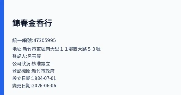 錦春金香行的照片-統編 47305995(新竹市) 公司登記資料與營業項目詳細圖表