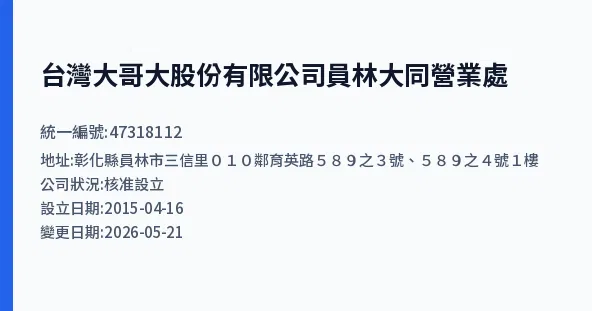 台灣大哥大股份有限公司員林大同營業處的照片-統編 47318112(彰化縣) 公司登記資料與營業項目詳細圖表