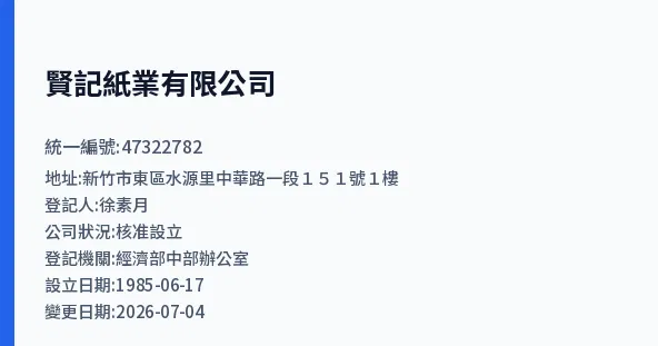 賢記紙業有限公司的照片-統編 47322782(新竹市) 公司登記資料與營業項目詳細圖表