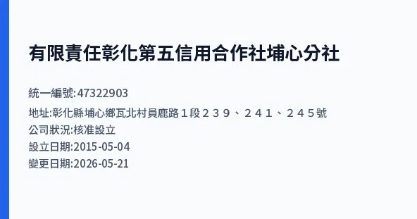 有限責任彰化第五信用合作社埔心分社的照片-統編 47322903(彰化縣) 公司登記資料與營業項目詳細圖表