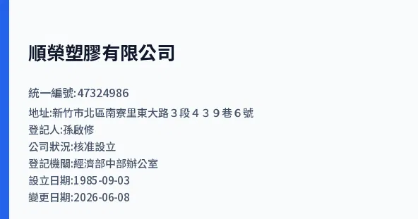 順榮塑膠有限公司的照片-統編 47324986(新竹市) 公司登記資料與營業項目詳細圖表