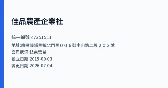 佳品農產企業社的照片-統編 47351511(南投縣) 公司登記資料與營業項目詳細圖表