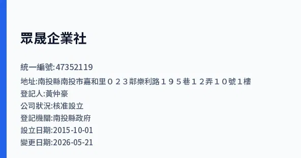 眾晟企業社的照片-統編 47352119(南投縣) 公司登記資料與營業項目詳細圖表