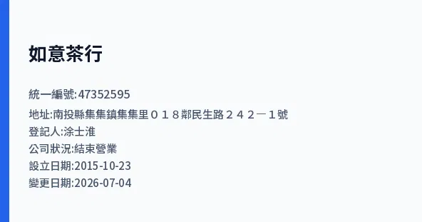 如意茶行的照片-統編 47352595(南投縣) 公司登記資料與營業項目詳細圖表