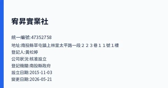 宥昇實業社的照片-統編 47352758(南投縣) 公司登記資料與營業項目詳細圖表