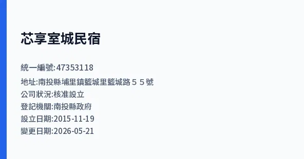 芯享室城民宿的照片-統編 47353118(南投縣) 公司登記資料與營業項目詳細圖表