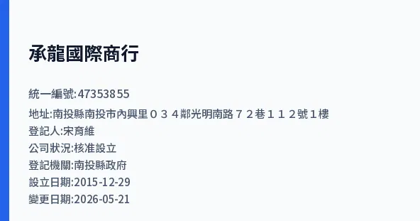 承龍國際商行的照片-統編 47353855(南投縣) 公司登記資料與營業項目詳細圖表