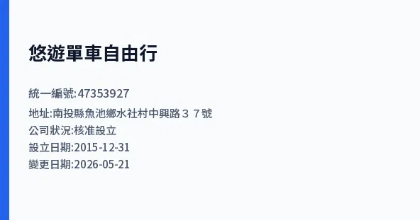 悠遊單車自由行的照片-統編 47353927(南投縣) 公司登記資料與營業項目詳細圖表