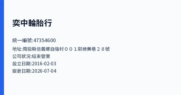 奕中輪胎行的照片-統編 47354600(南投縣) 公司登記資料與營業項目詳細圖表