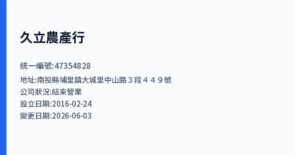 久立農產行的照片-統編 47354828(南投縣) 公司登記資料與營業項目詳細圖表