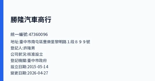 勝隆汽車商行的照片-統編 47360096(臺中市) 公司登記資料與營業項目詳細圖表