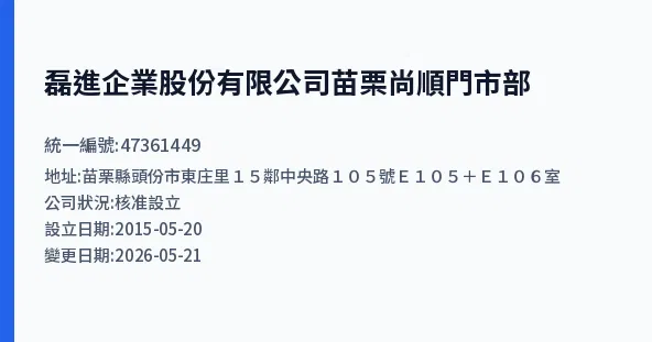 磊進企業股份有限公司苗栗尚順門市部的照片-統編 47361449(苗栗縣) 公司登記資料與營業項目詳細圖表