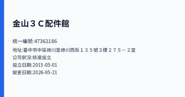 金山3C配件館的照片-統編 47362186(臺中市) 公司登記資料與營業項目詳細圖表