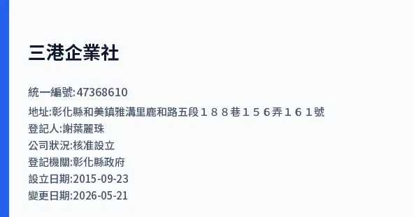 三港企業社的照片-統編 47368610(彰化縣) 公司登記資料與營業項目詳細圖表