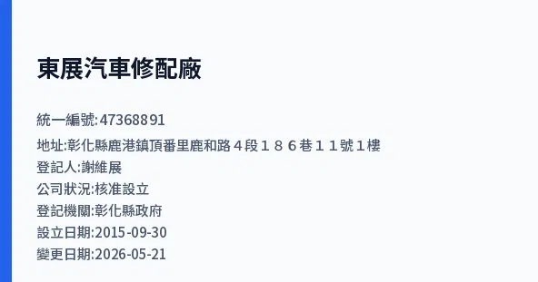 東展汽車修配廠的照片-統編 47368891(彰化縣) 公司登記資料與營業項目詳細圖表