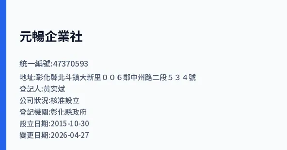 元暢企業社的照片-統編 47370593(彰化縣) 公司登記資料與營業項目詳細圖表