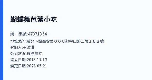 蝴蝶舞芭蕾小吃的照片-統編 47371354(彰化縣) 公司登記資料與營業項目詳細圖表