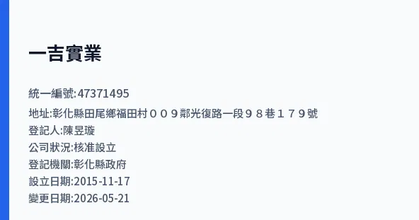 一吉實業的照片-統編 47371495(彰化縣) 公司登記資料與營業項目詳細圖表