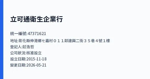 立可通衛生企業行的照片-統編 47371621(彰化縣) 公司登記資料與營業項目詳細圖表