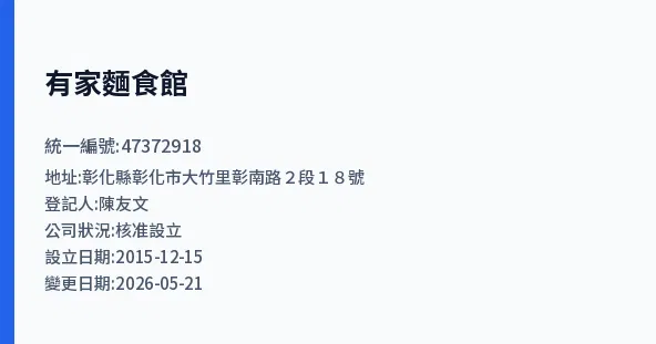 有家麵食館的照片-統編 47372918(彰化縣) 公司登記資料與營業項目詳細圖表