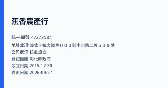 蕉香農產行的照片-統編 47373584(彰化縣) 公司登記資料與營業項目詳細圖表