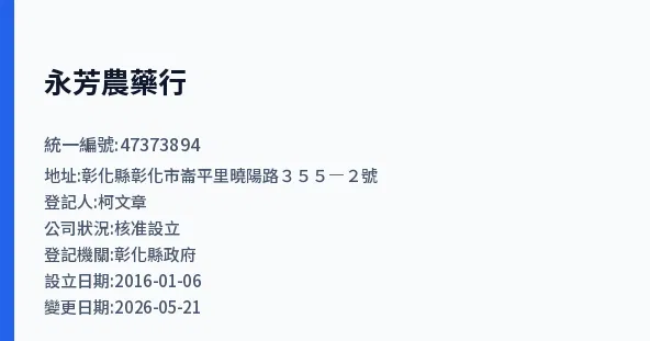 永芳農藥行的照片-統編 47373894(彰化縣) 公司登記資料與營業項目詳細圖表